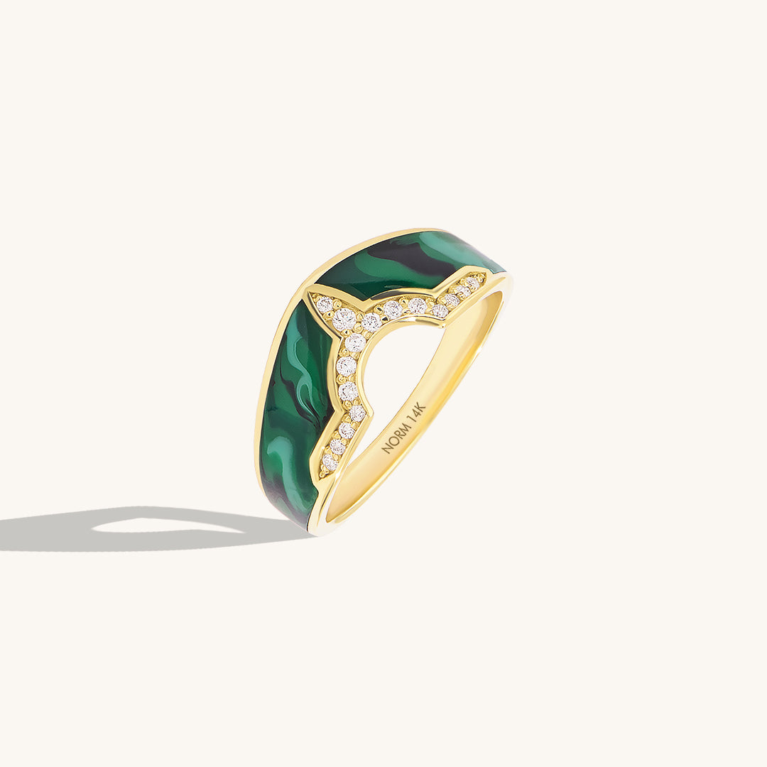 14K Real Gold Green Enamel Tiara Pave Band Ring
