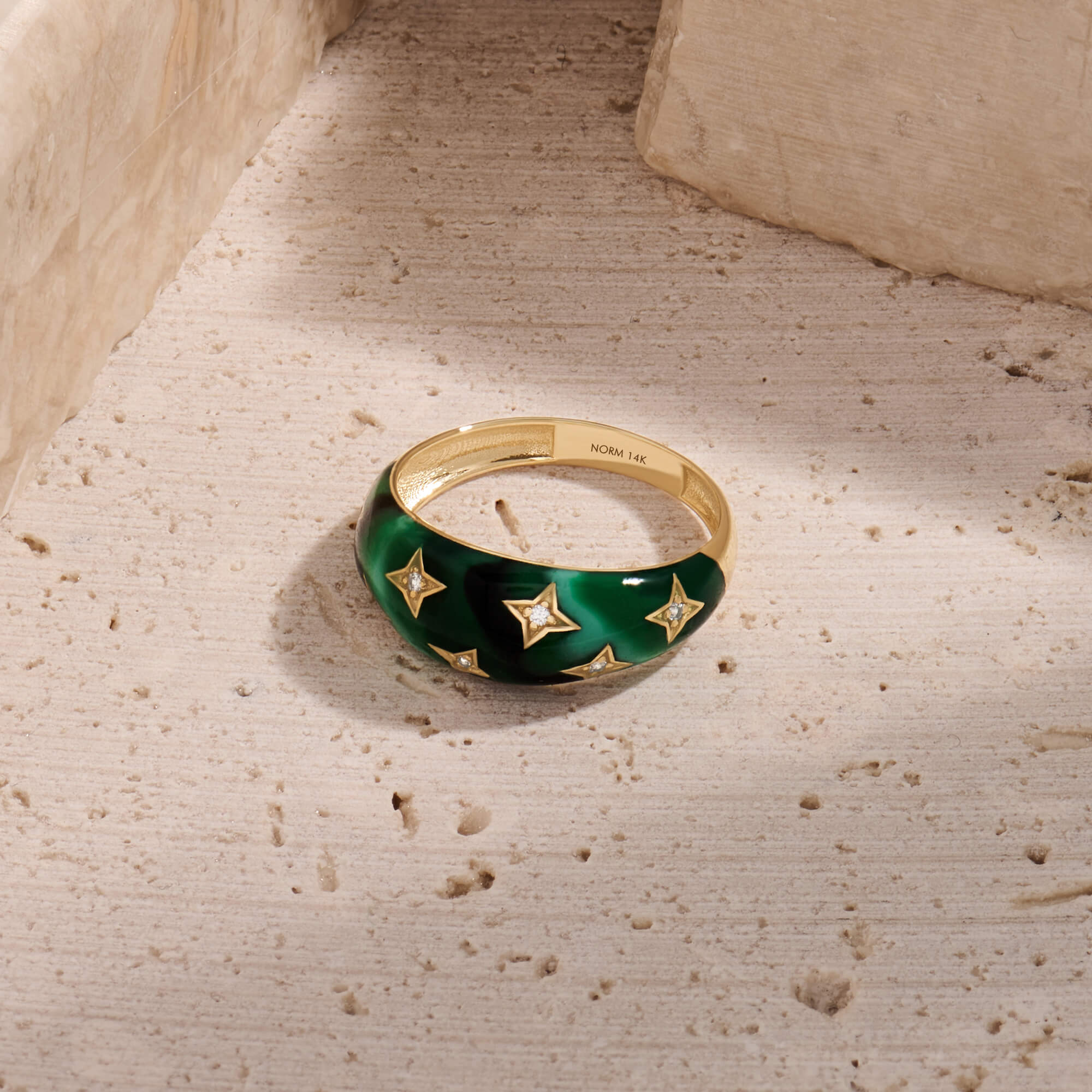 14K Real Yellow Gold Green Enamel Star Pave Dome Ring – NORM JEWELS