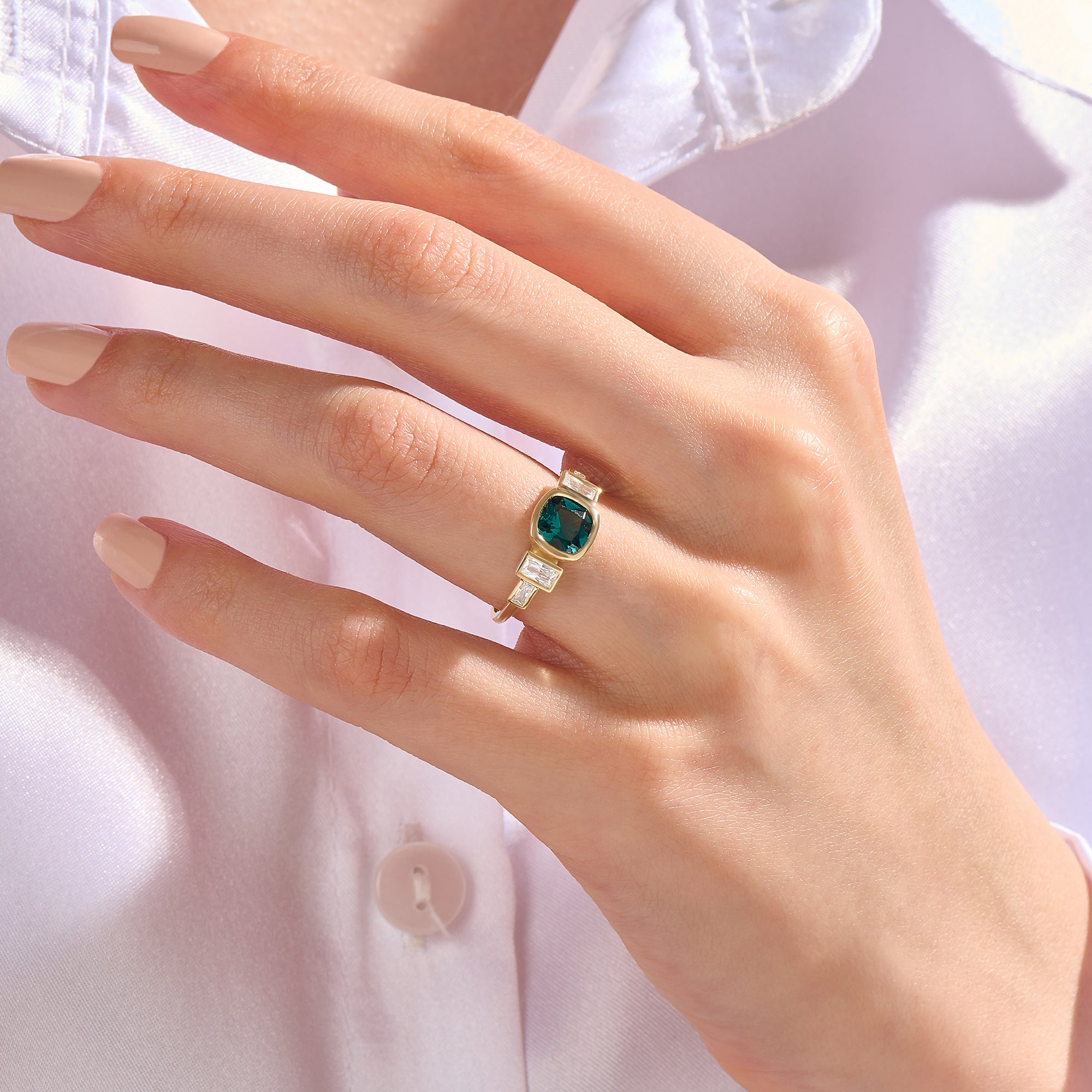 14K Real Gold Bezel-Set Cushion Arctic Green Engagement Ring – NORM JEWELS