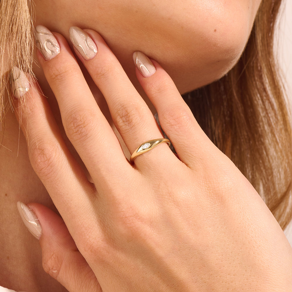 Real Yellow Gold Marquise Bezel Signet Ring for Women