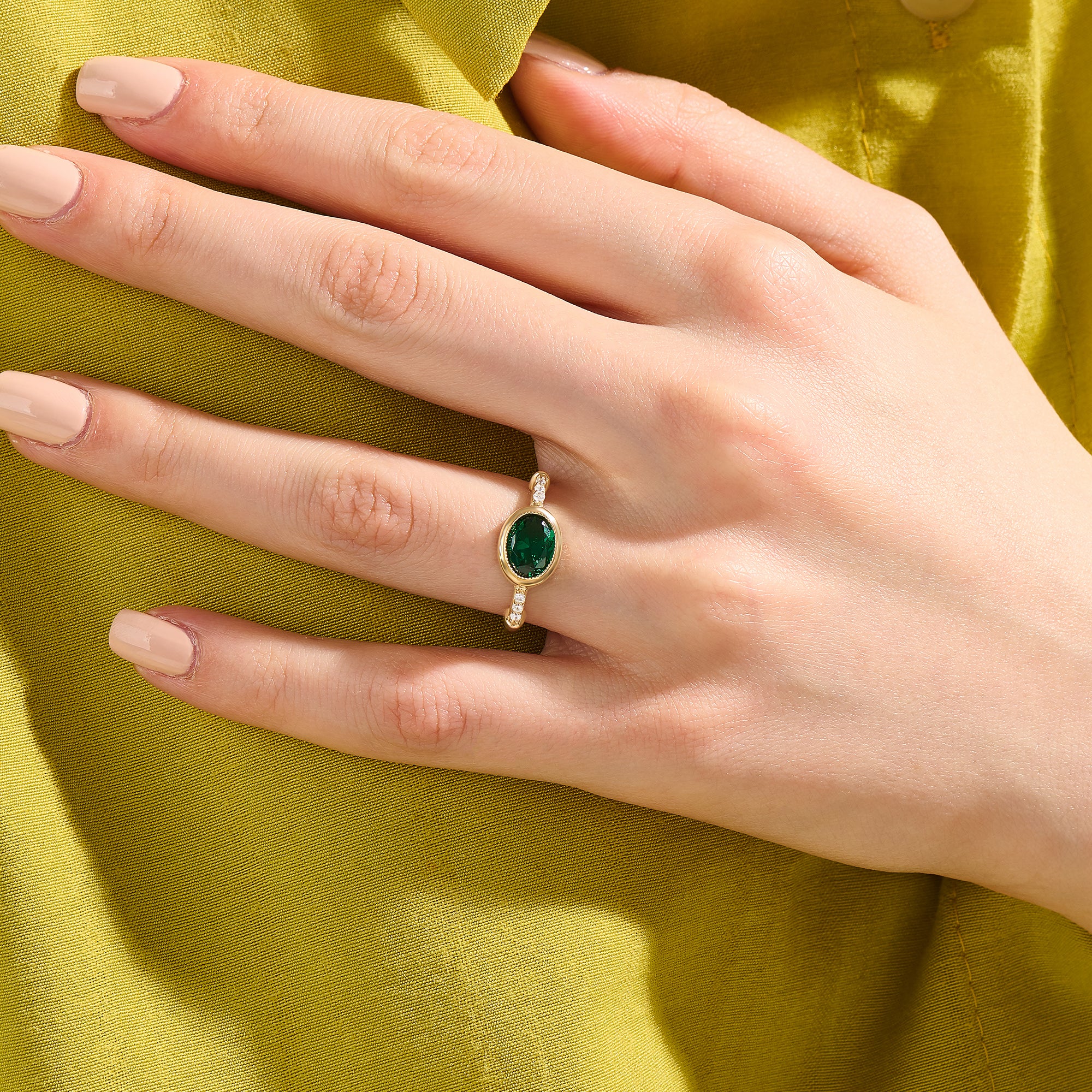 Real Yellow Gold Oval Emerald Bezel Promise Ring – NORM JEWELS