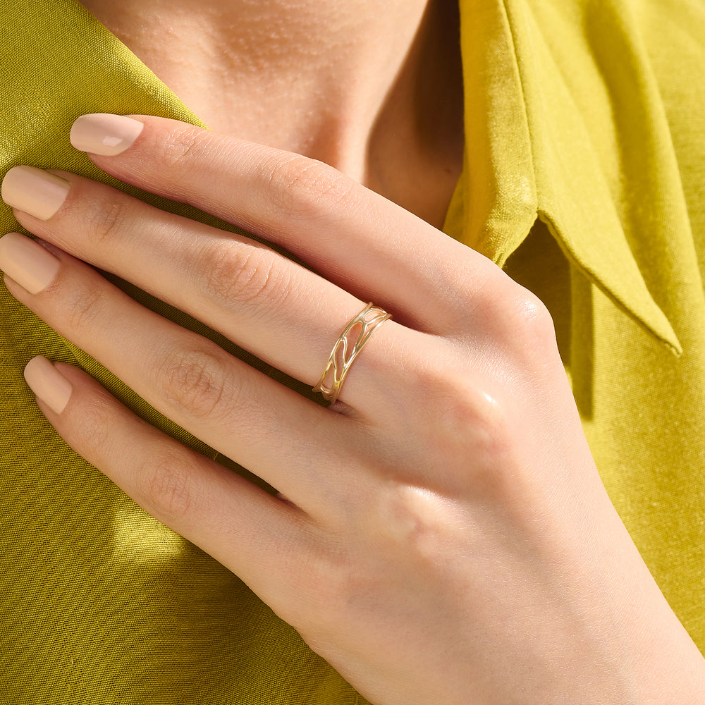 Women's Real Gold Wave Outline Band Ring