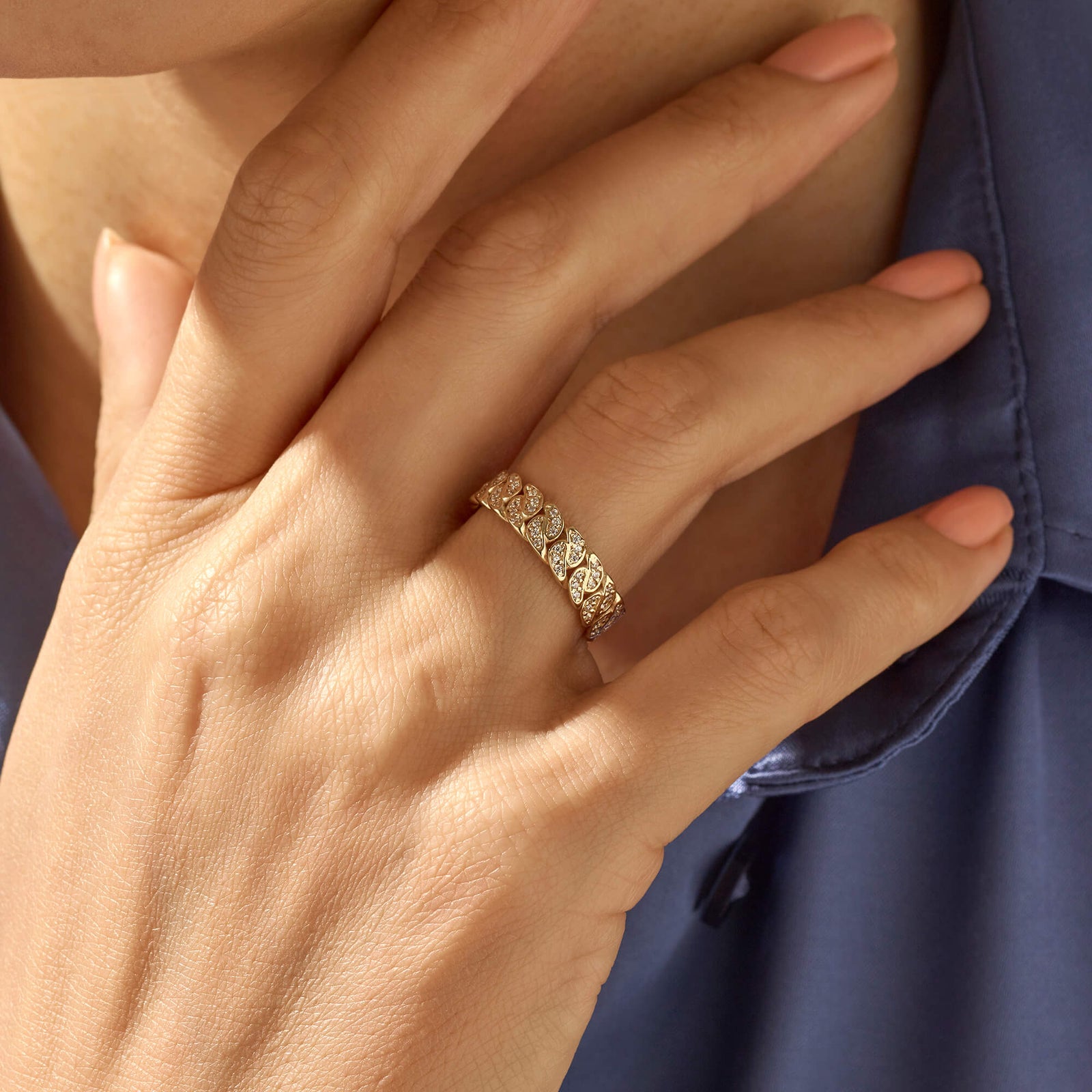 Women s Paved Cuban Links Bold Chain Ring in 14k Solid Gold NORM JEWELS