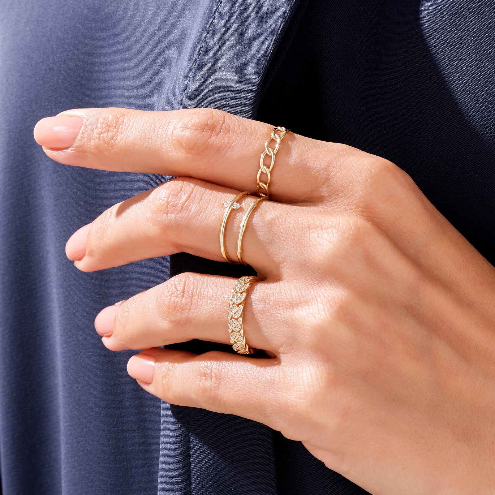 Minimalist Cuban Links Chain Ring with CZ in 14k Real Gold NORM JEWELS