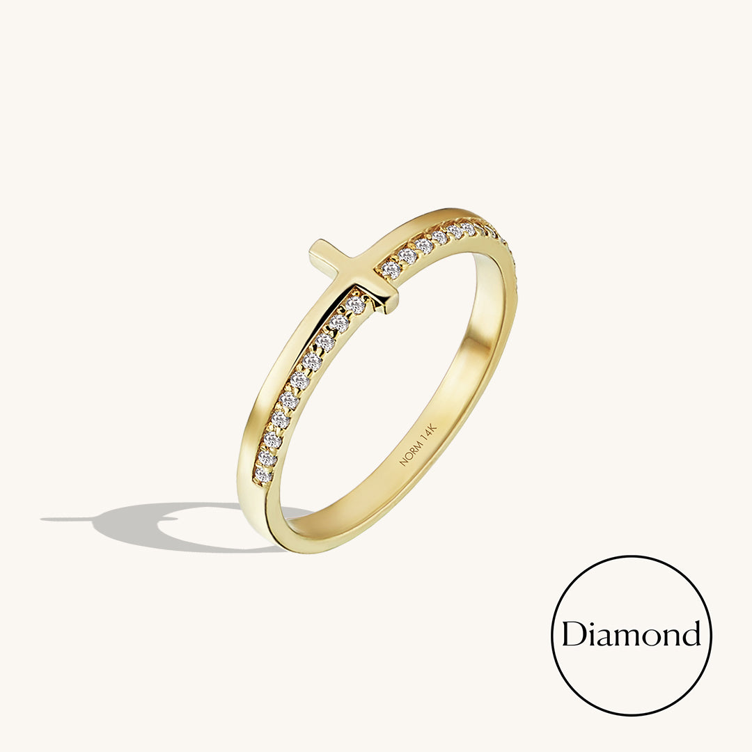 Women's Diamond Sideways Cross Stacking Ring Solid Yellow Gold