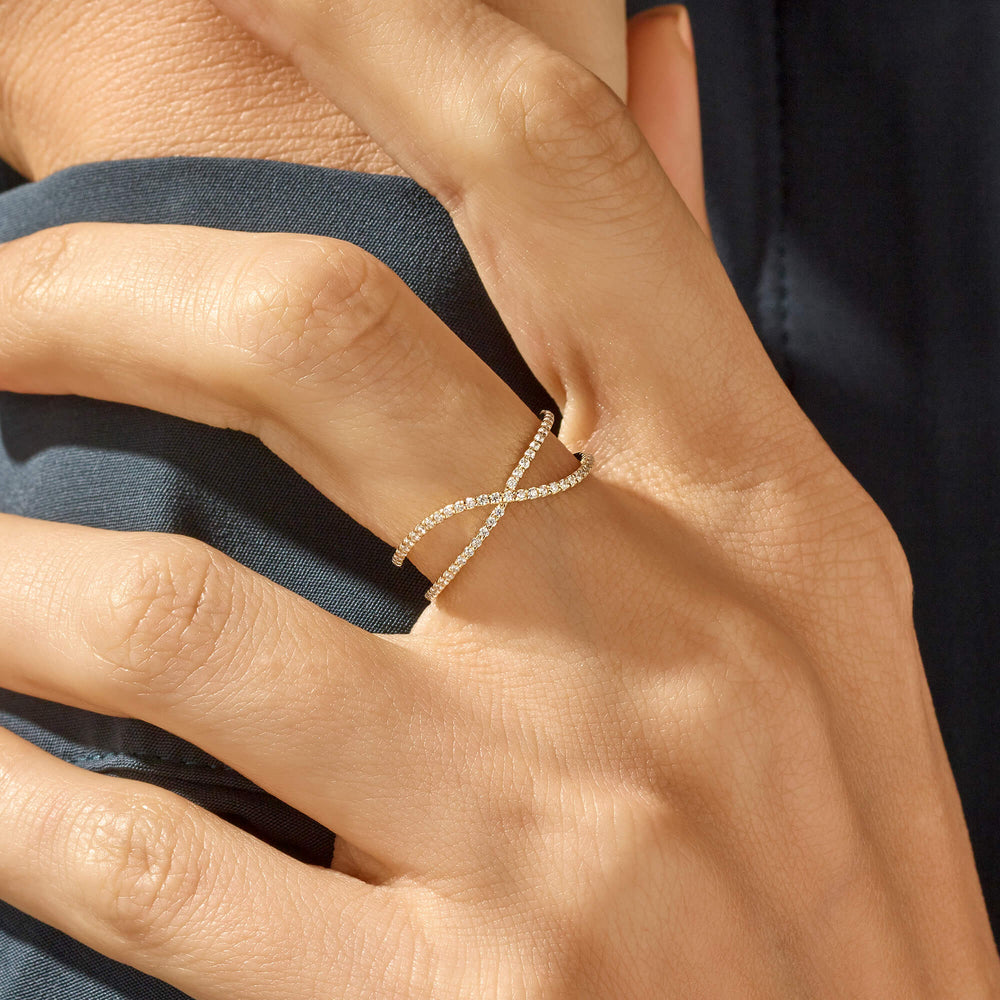 14k Solid Gold Pave X Stackable Ring - Norm Jewels