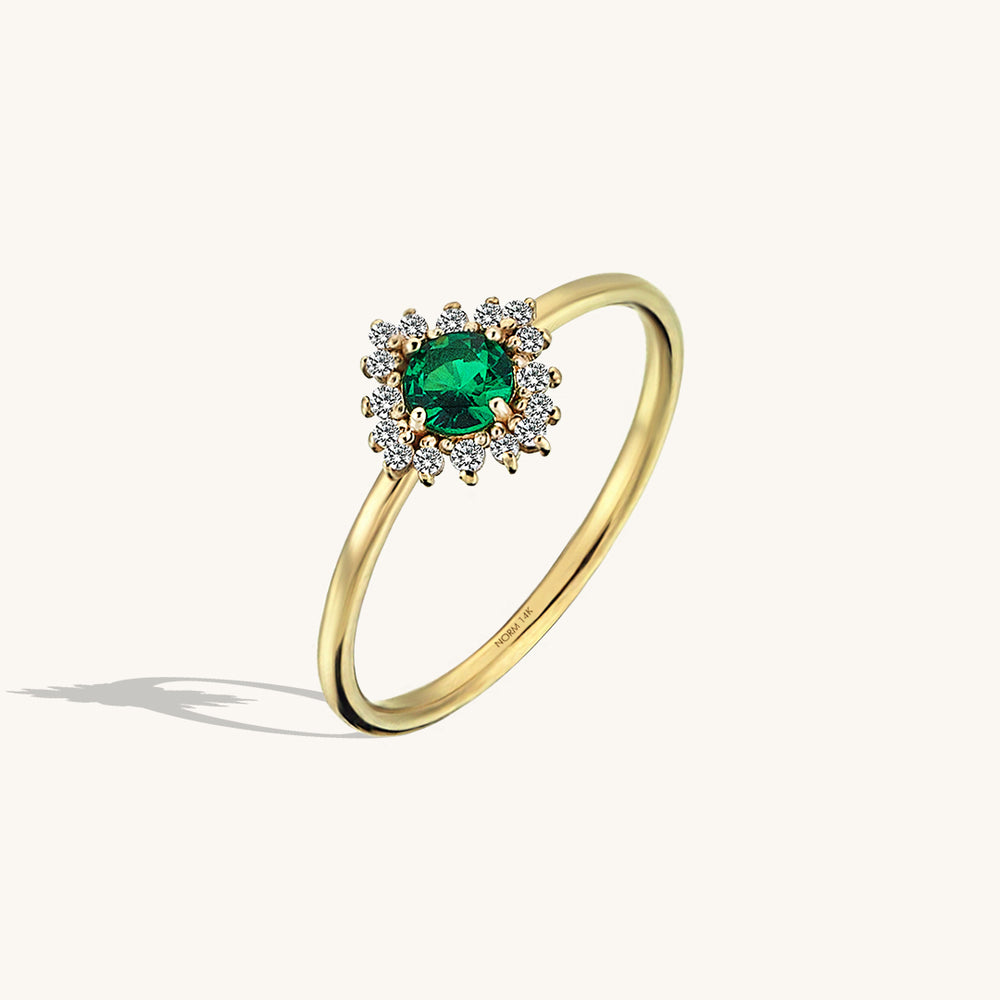 Round Cut Emerald Solitaire Ring in Solid Gold