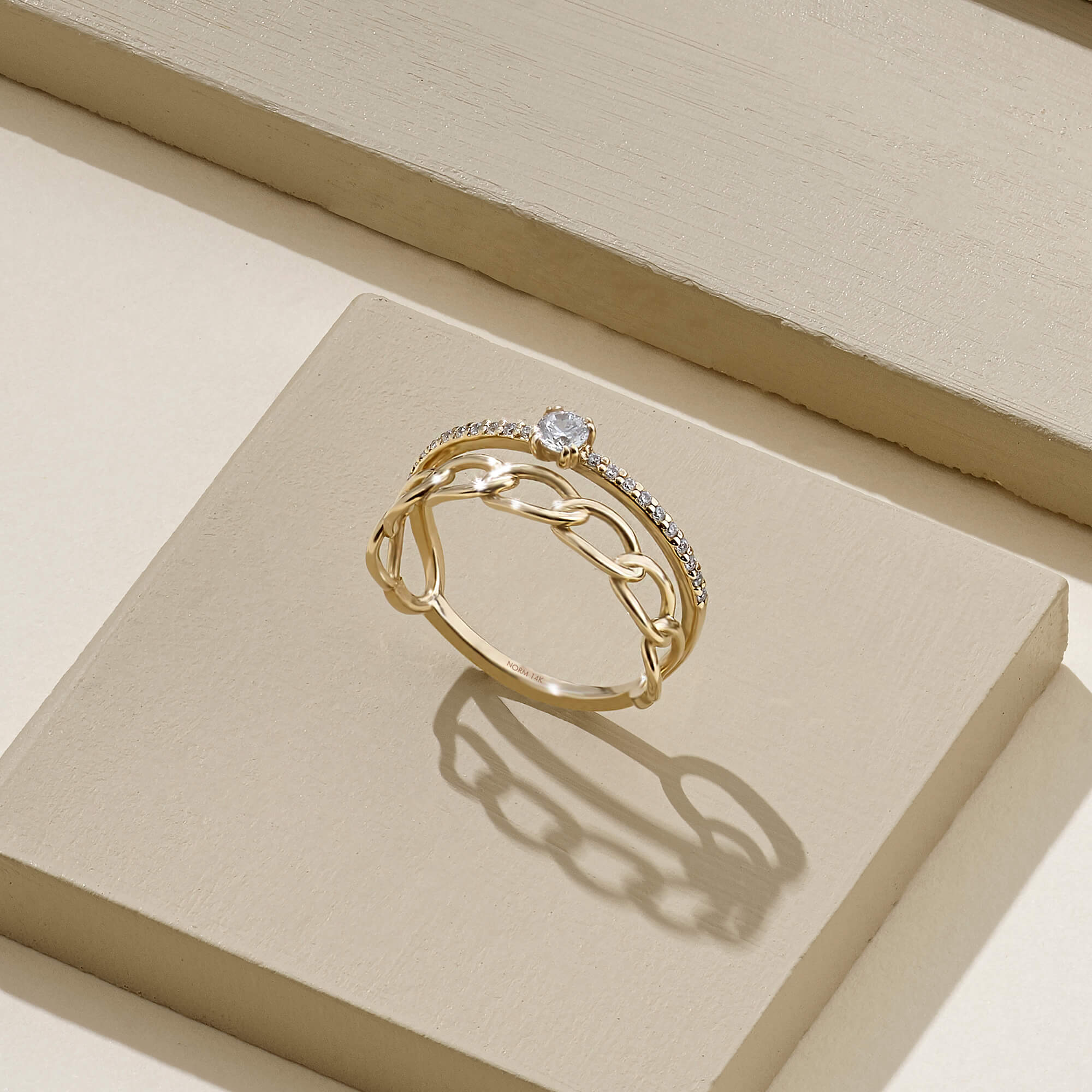 Oval Chain Double Engagement Ring in 14k Real Yellow Gold – NORM JEWELS