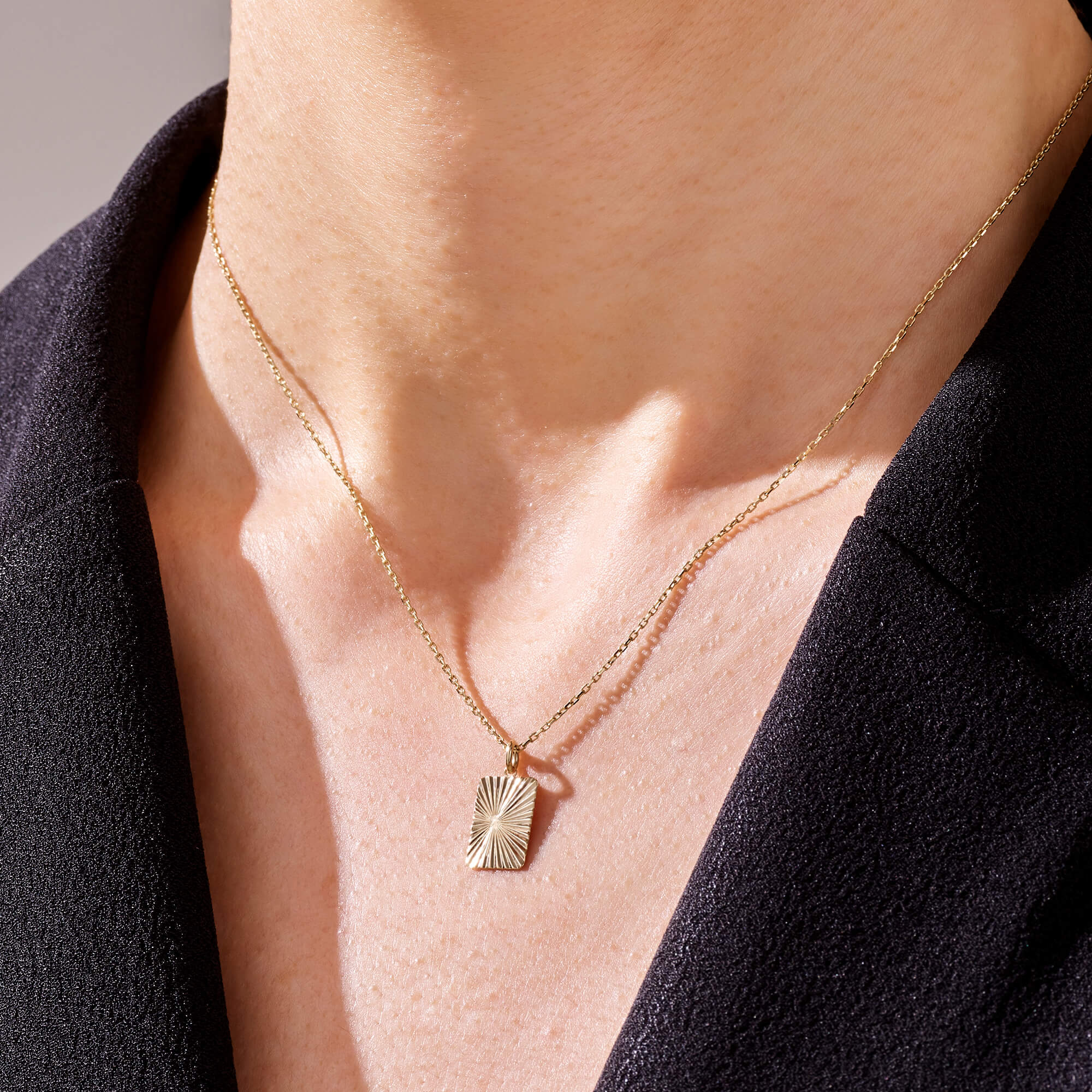 14k Real Gold Sun Ray Engraved Rectangle Pendant Necklace – NORM JEWELS