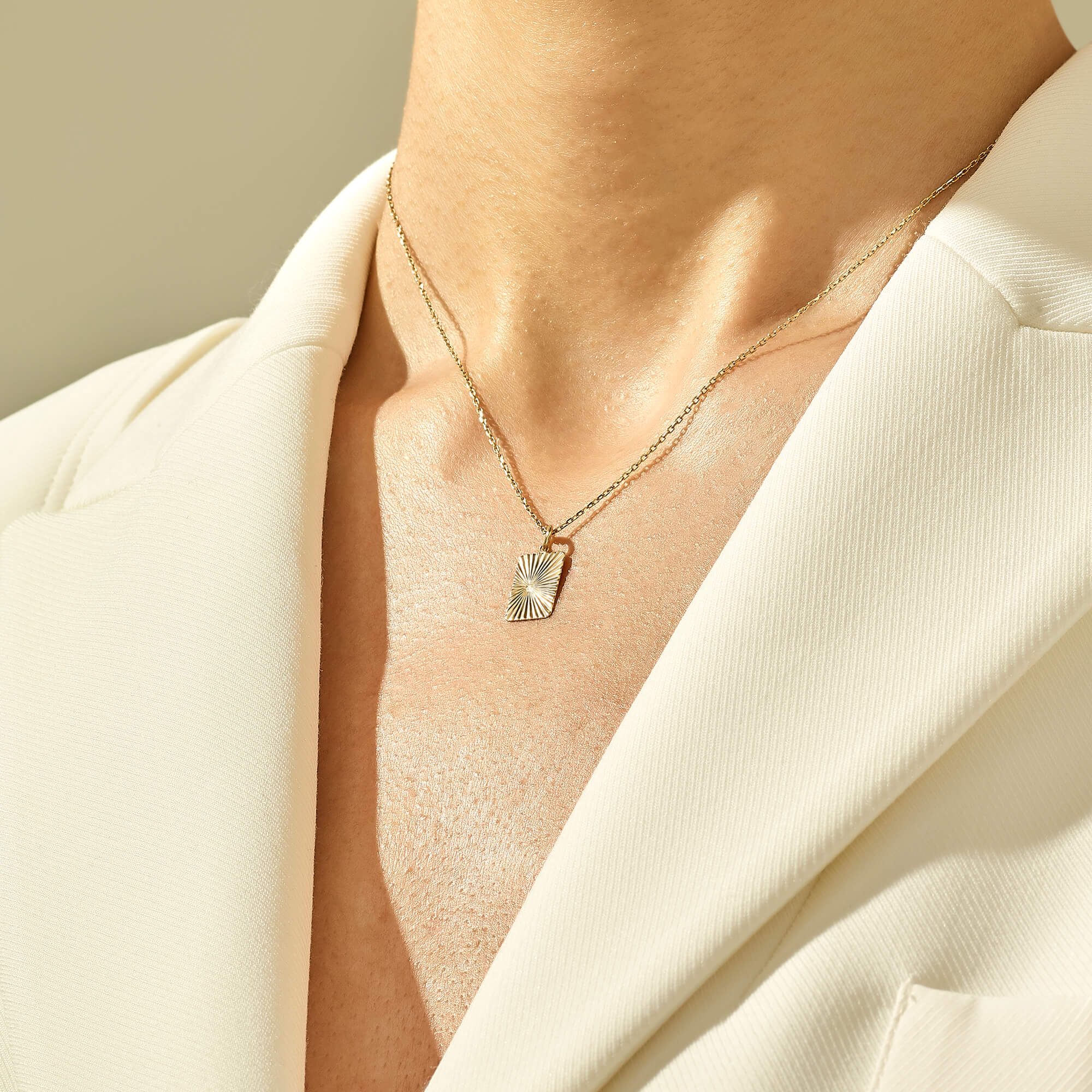 14k Real Gold Sun Ray Engraved Rectangle Pendant Necklace – NORM JEWELS