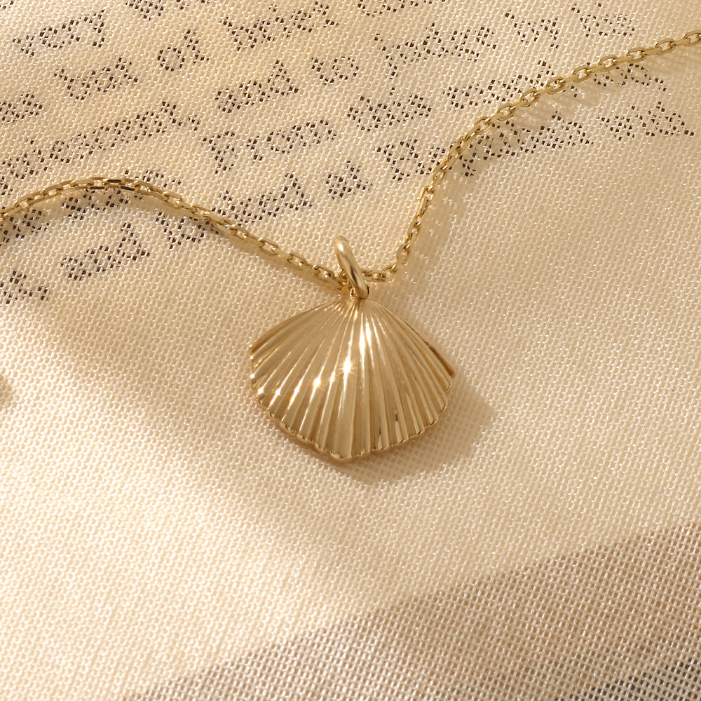 14k Real Yellow Gold Shell Charm Necklace for Women